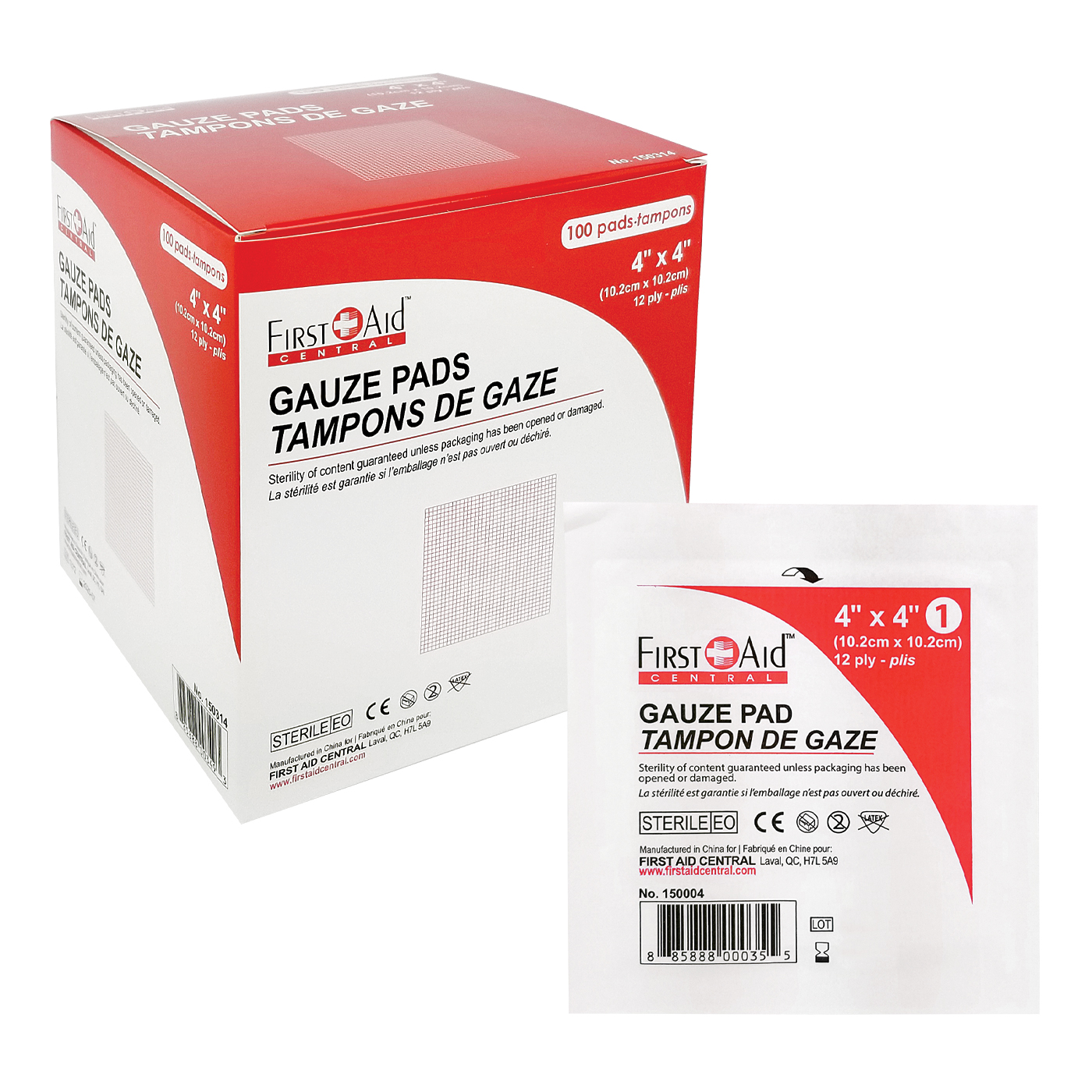 First Aid Central 150314 Gauze Pads, 12-Ply, 10.2 x 10.2cm (4" x 4 ...